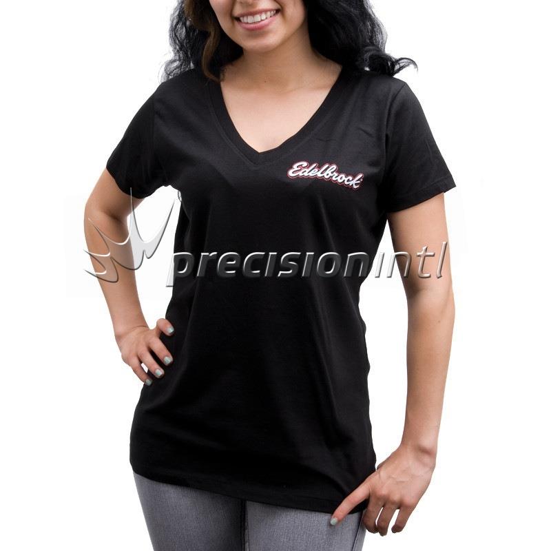 EDELBROCK 98066 V-NECK, ED BACK SCRIPT T-SHIRT BLACK,WOMENS LARGE